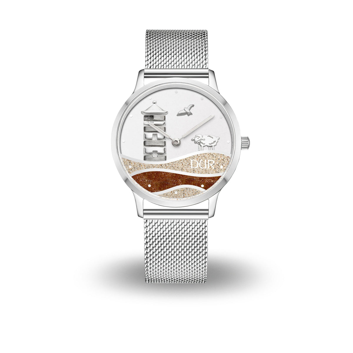DUR Uhr 40er "Pilsumer Leuchtturm" Strandsand/Bernsteinsand, Mesh Band ...